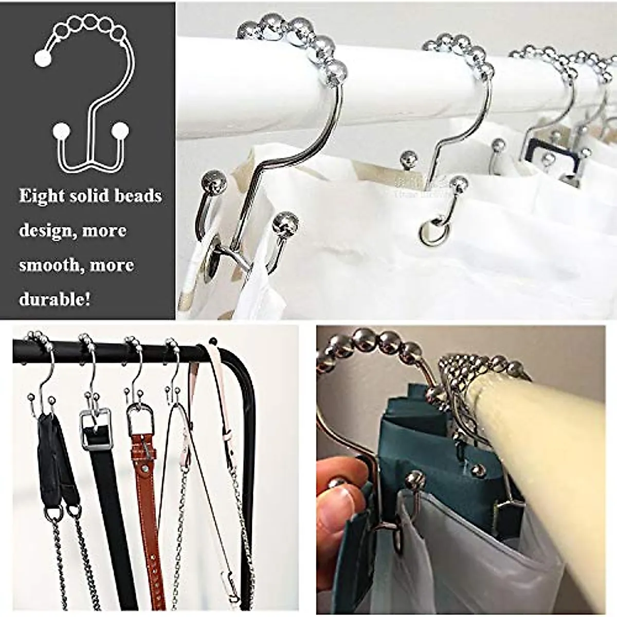 CenYouful Shower Curtain Rings, Rust-Resistant Metal Double Roller Glide Hooks, Set of 12 Chrome Rings