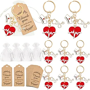 12 Sets Nurse Party Favors Nurse Graduation Decorations Doctor keychains with Red Heart Stethoscopes Organza Bags Thank You Cards for Graduation Party Supplies Hospital Medical Themed Party Decor