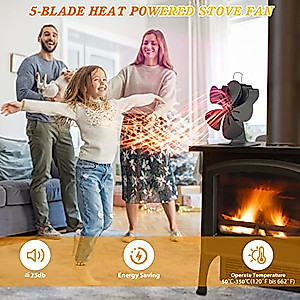 WHDPETS Wood Stove Fan Heat Powered, 5 Blade Fireplace Fan Non-Electric Fan, Silent Operation Thermoelectric Eco Fans for Home/Wood/Log Burner/Fireplace (Include Stove Thermometer)
