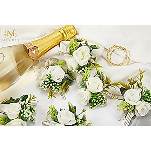 Meldel Ivory Rose Wrist Corsage Wristlet Band for Girls Women Bride Bridesmaid, Set of 6, White Hand Flower Wedding Artificial Flowers Accessories for Prom Party