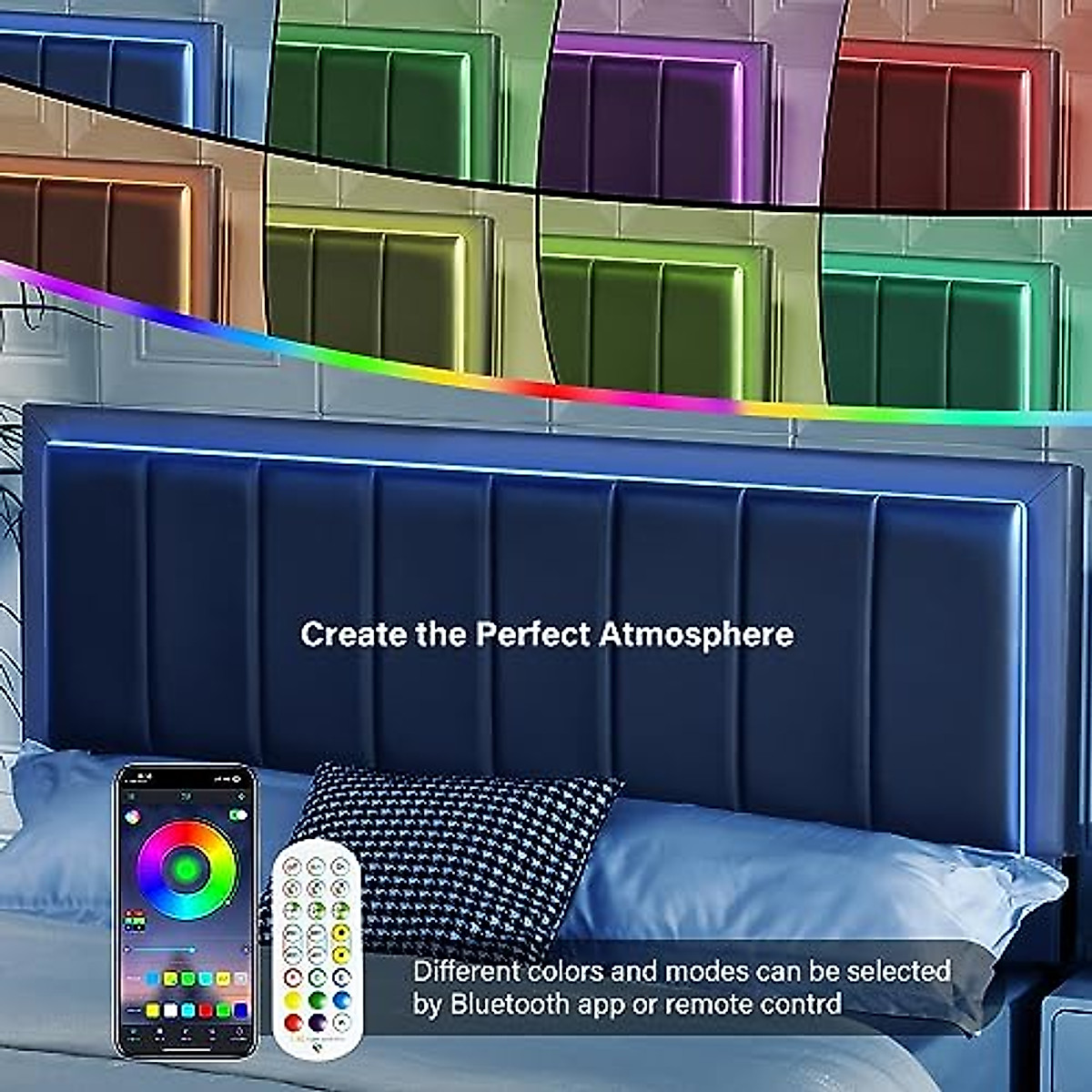 Catrimown Queen Size Bed Frame with LED Lights, Upholstered Bed Frame Queen with Faux Leather Adjustable Headboard, Wood Slat Support, No Box Spring Needed, Easy Assembly, Black