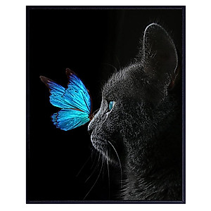 Cat Wall Decor - Butterfly Wall Decor - Blue Butterfly - Black Cat - Cat Gifts for Women - Cute Cat Poster - Cat Posters for Girls Bedroom - Cat Lover Gifts - Cat Wall Art - Butterfly Wall Art