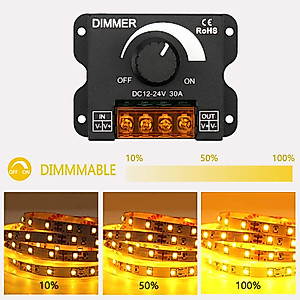 InduSKY Upgraded LED Dimmer PWM DC 12V-24V 30A Lighting Dimming Controller Single Channel + 5M 22AWG Extension Cable for Led Strips 3528 5050 Single Color + DC 12V Plugs Female Connector