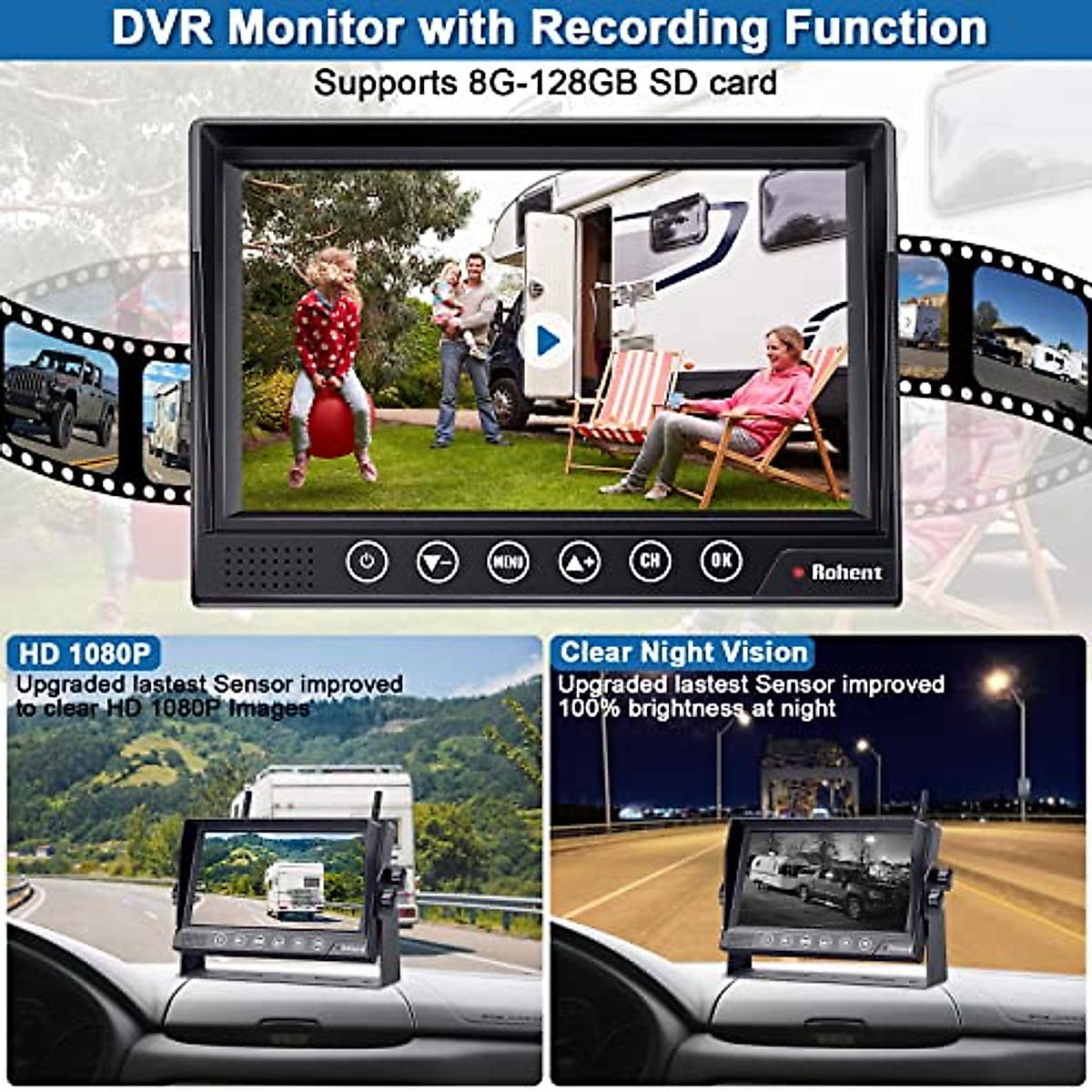 Rohent RV Backup Camera Wireless HD1080P 2 Cameras with 7 Inch Touch Key DVR Monitor Stable Digital Signals Rear View Camera System IP69K Waterproof Pigtail Wire Adapter for Furrion Pre-Wired RVs R8