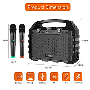 Hotec Wireless Bluetooth Portable PA Speaker System, Powerful Bluetooth Karaoke Machine with Dual Wireless Microphones for Karaoke, Wedding, Party, Teaching, Lecture, Church, Outdoor Indoor Activities