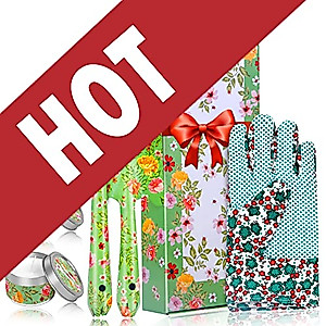 MERTURN Garden Tool Set,6Pcs Heavy Duty Aluminum Gardening Tools Kit Include Garden Gloves,Rake, Shovel,Candles, Gardening Gifts Box for Women Men Gardener with Floral Pattern