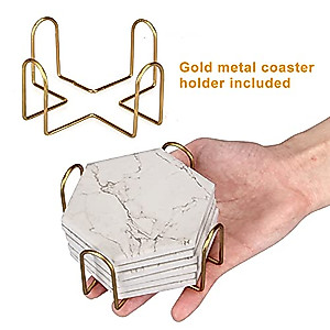 6 Pcs Cute Marble Absorbent Coaster Set with Holder Hexagon Drink Coasters Modern White Ceramic Thirstystone Coasters Cup Wine Coaster Table Bar Coasters Stone Coasters