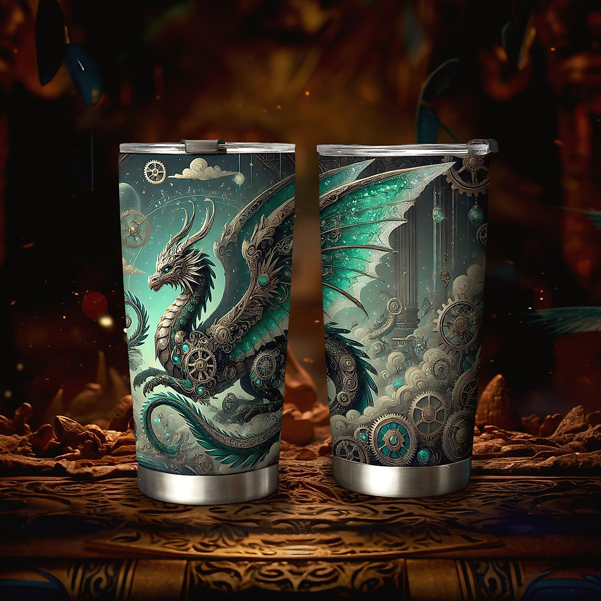64HYDRO 20oz Steampunk Mechanical Dragon Tumbler, Engineer Mechanic Dragons, Gaming, Gamers Gifts for Dragon Lovers, Stainless Steel Double Wall Vacuum Insulated Coffee Mug, Travel Cup with Lid
