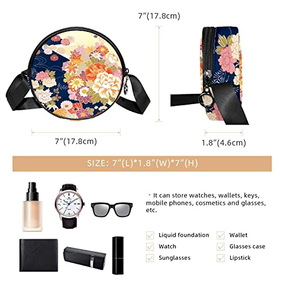 Japanese Traditional Cherry Peony Maple Leaf Crossbody Bag for Women Teen Girls Round Canvas Shoulder Bag Purse Tote Handbag Bag