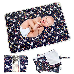 Flockthree Waterproof Baby Diaper Changing Pad with Storage Bag (28.7" X 19.7") Washable Wipeable Reusable Leak Proof Diaper Travel Mat Station Changing Mattress Liner Cribs Bed Cover, Unicorns