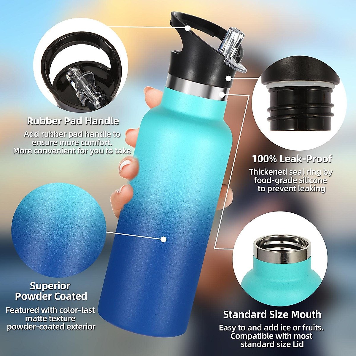 Volhoply 17oz Kids Insulated Water Bottle,Stainless Steel Water Bottles with Straw Lid,Reusable Metal Thermos Water Bottle,Double Wall Vacuum Sports School Water Flask Keep Cold(Green Blue,1 Set)