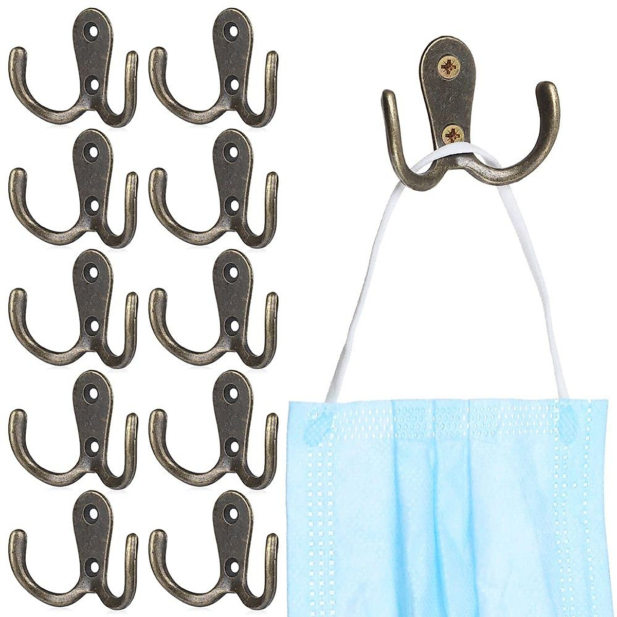 10pcs Metal Antique Hooks Double Prong Wall Door Coat Hanger Retro Key Holder Hat Bag Clothes Towel Organizer Shelf Storage(2.16inch,Bronze Tone)