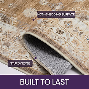 DEXI Washable Area Rug, Soft Vintage Indoor Rugs for Bedroom Living Room Kitchen Dining Room, Non-Slip Low-Pile Floor Carpet Mat for High Traffic Inside House, 8'x12', Brown