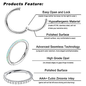 SAILIMUE 3 Pcs Surgical Steel Nose Rings Hoop for Women 18G 16G Clicker Hinged Segment Septum Lip Nose Rings Helix Cartilage Conch Rook Earrings Piercing Jewelry Diameter 8mm 10mm