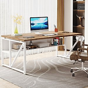 Tribesigns 63 inches Computer Desk with Bottom Storage Shelf Home Office Desk Writing Table for Workstation,Dark Walnut + Steel Leg， Cabinet not Included (Light Walnut, 63-inch-with Shelf)