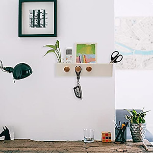 Bedside Floating Shelf with Wooden Hooks, Wall Adhesive Shelf in Bedroom, Bathroom, Dorm, Storage Organizer for Phone, Glasses, Tv Remote, Keys, Headphones (White)