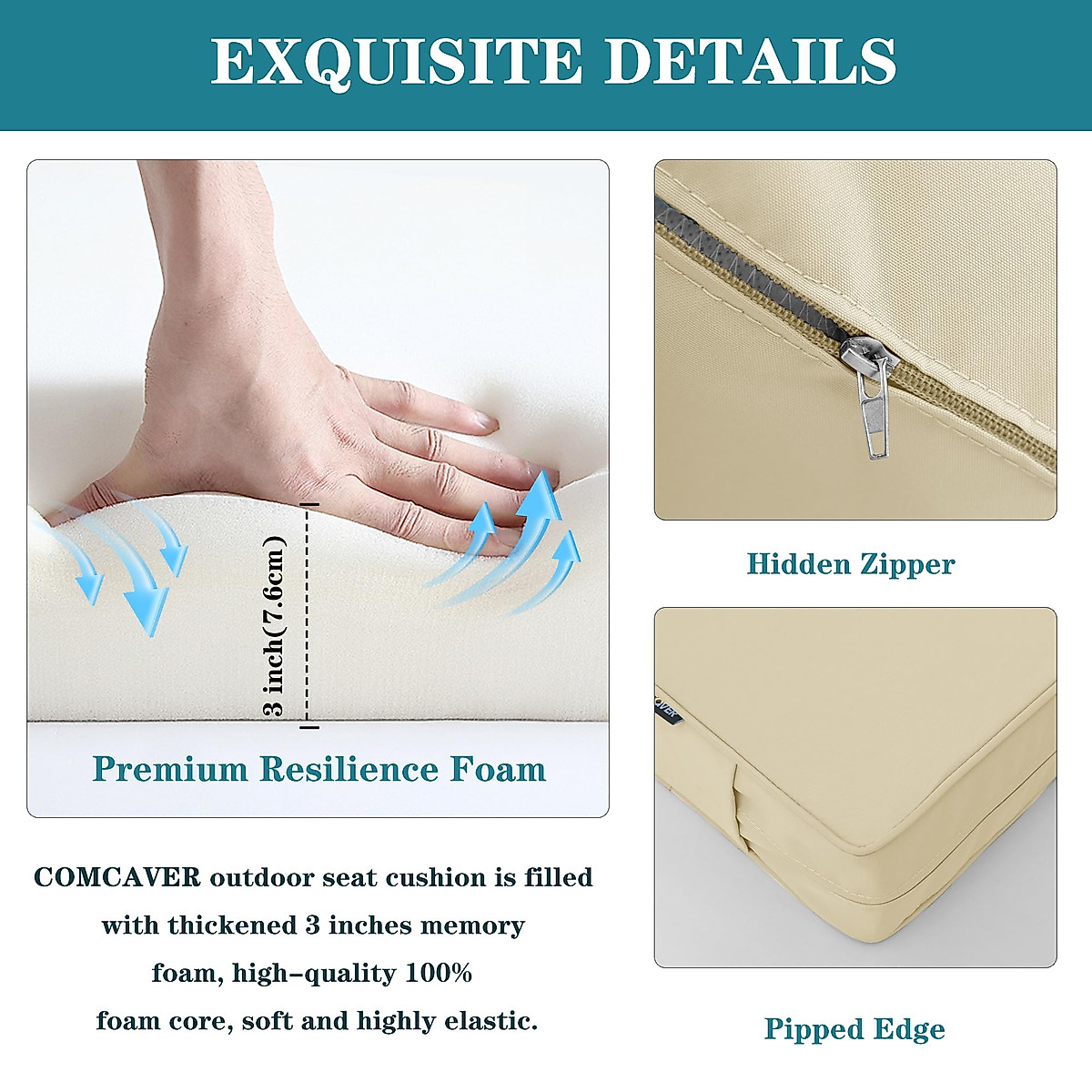 Comcaver Outdoor Cushions for Patio Furniture, Waterproof Fade and Tear Resistant Deep Seat and Backrest Cushion Set for Chair Couch Swing, 22x22 Inch, Beige, 1 Set