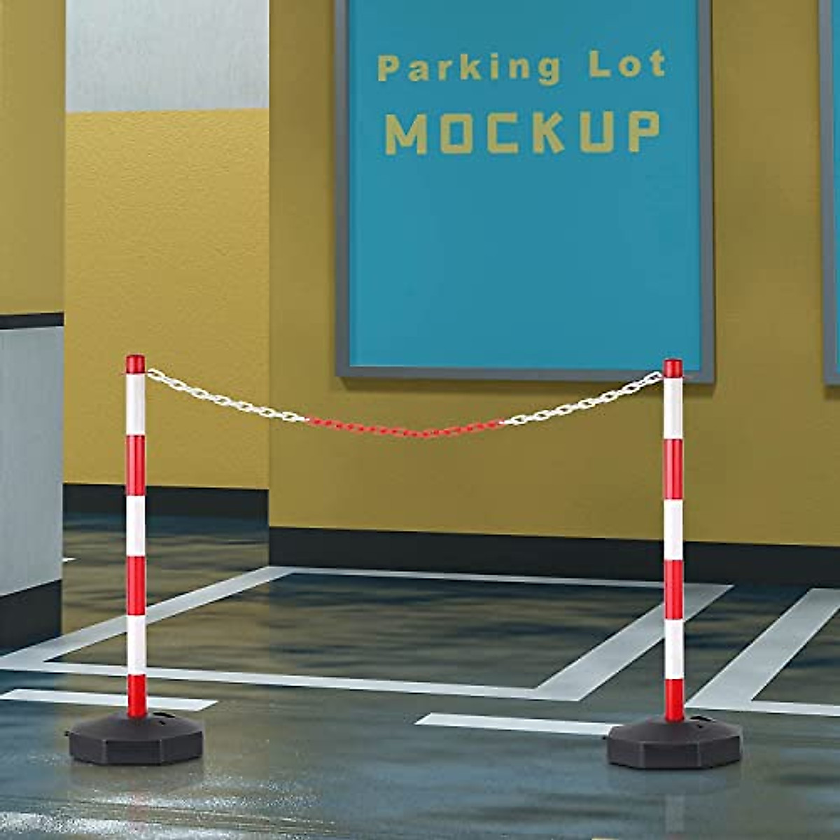 [2 Pack] Traffic Delineator Post Cones with Fillable Base, Portable Parking Pole Barrier with 8ft Chain, Traffic Safety Delineator for Parking Lot, Construction Lot (Red & White)