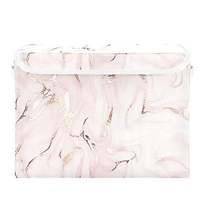 Kigai Storage Basket Rose Gold Abstract Marble Storage Boxes with Lids and Handle, Large Storage Cube Bin Collapsible for Shelves Closet Bedroom Living Room, 16.5x12.6x11.8 In