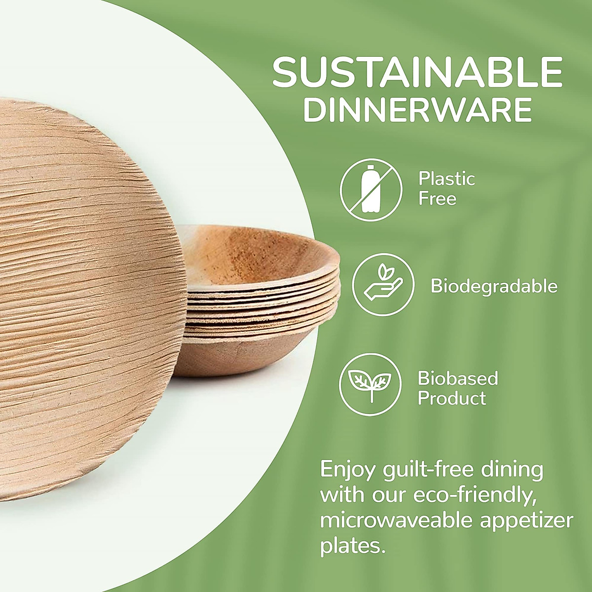 THE CLEAR CONSCIENCE TCC - Palm Leaf Appetizer Plates, 4" round, 50 pcs, Bamboo & Wood Style, Biodegradable, Single Use, Disposable, Usable for Hot Dishes