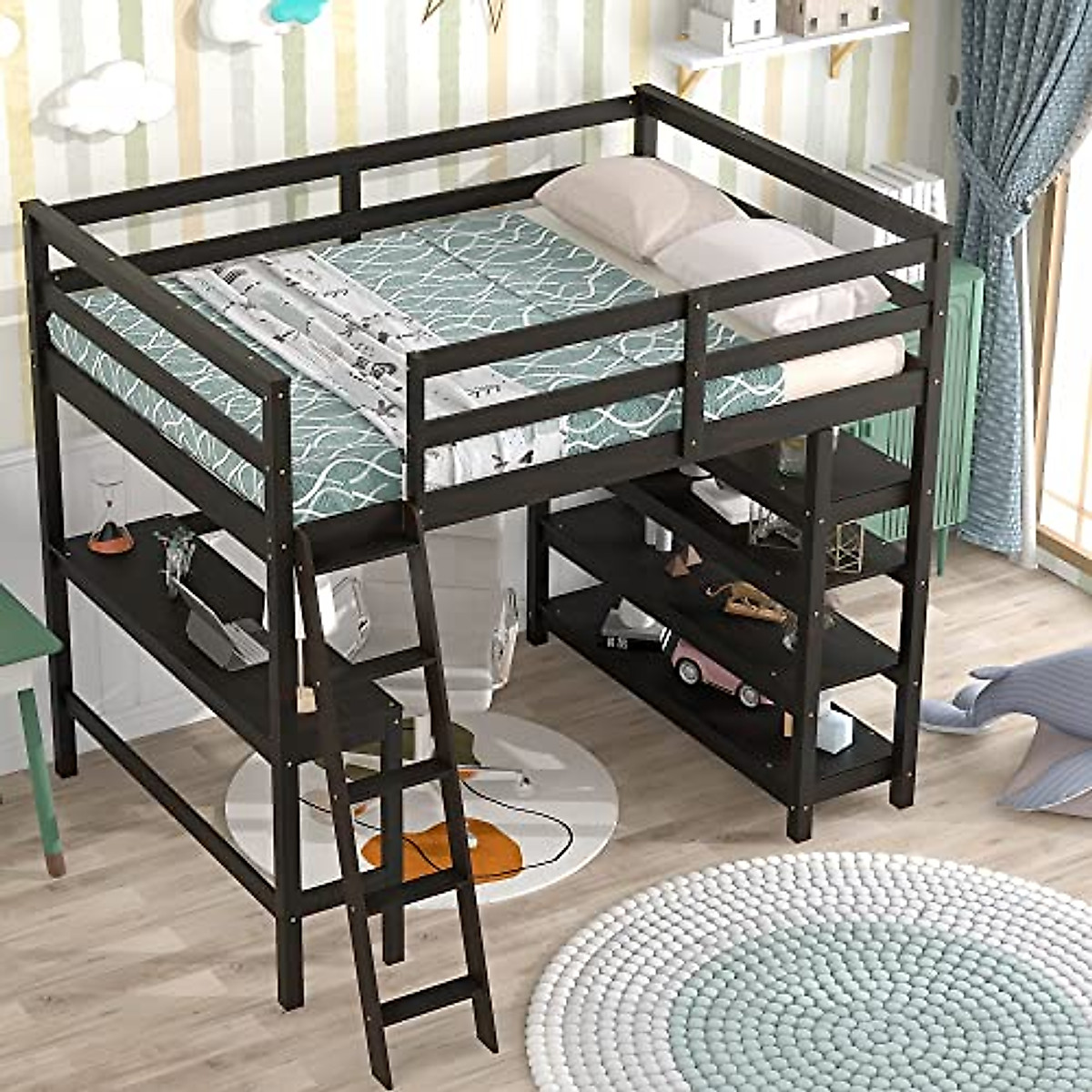 DEYOBED Full Size Wooden Loft Bed Frame with Under-Bed Desk and 4-Tier Storage Shelves - Stylish and Practical Furniture for Enhanced Bedroom Organization
