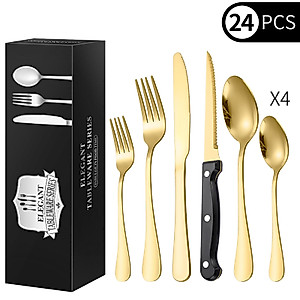 TENWEL 24-Piece Stainless Steel Flatware Set for 4, Stainless Steel Flatware Cutlery Set with Steak Knives, Kitchen Utensil Tableware Set, Includes Spoons Forks Knives for Home Hotel
