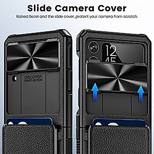 Caka for Z Flip 4 Case Wallet, Samsung Flip 4 Case with Card Holder Built in Camera Cover & Hinge Protection Magnetic Leather Wallet Case for Galaxy Flip 4 Phone Case -Black