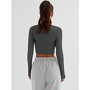Trendy Queen Womens Long Sleeve Crop Tops Basic Ribbed Slim Fitted Shirts Casual Fall Fashion Y2k Teen Girl Clothes Black Grey S