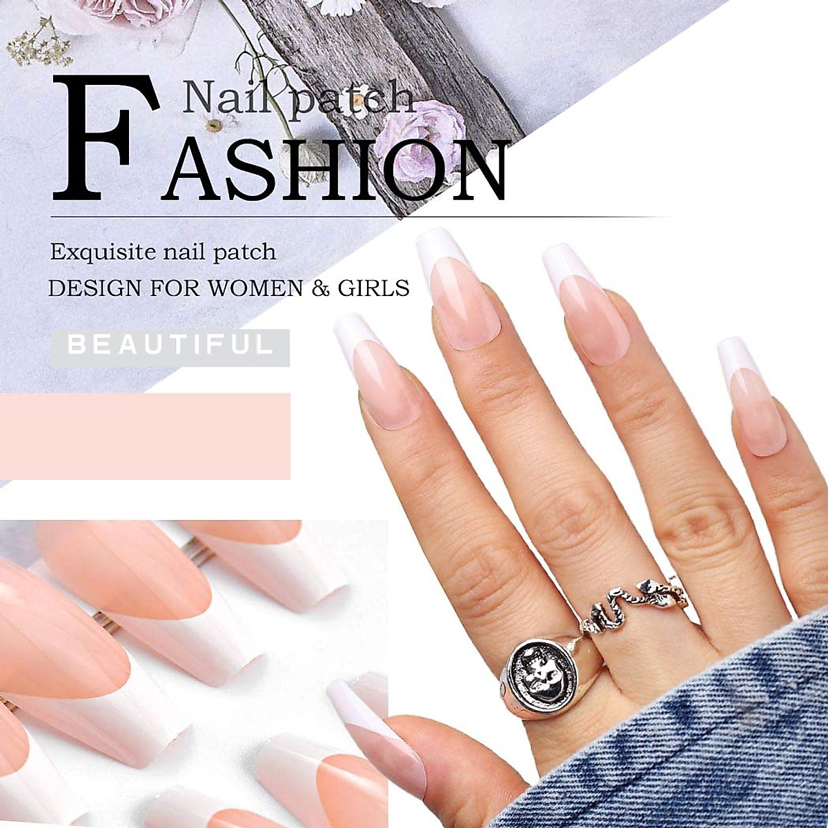 Aksod Long Coffin French Manicure Press on Nails Tips Glossy Pink Fake Nails Designed Ballerina Full Cover Artificial False Nails Tips for Women and Gilrs (24Pcs)