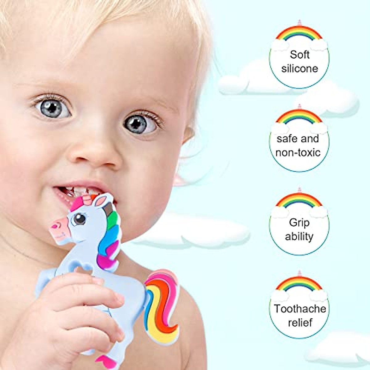 HAOBAOBEI Unicorn Baby Teething Toy for 0-6month Gifts, Infants Chew Toys for Sucking Needs, Hand Pacifier for Breast Feeding Babies, Silicone Toy for New Born(1 Pack-Blue)