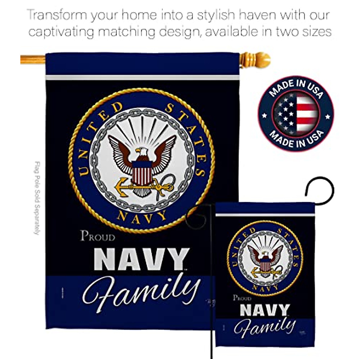 Breeze Decor Navy Proudly Family Garden Flag - Armed Forces USN Seabee United State American Military Veteran Retire Official - House Decoration Banner Small Yard Gift Double-Sided Made In USA