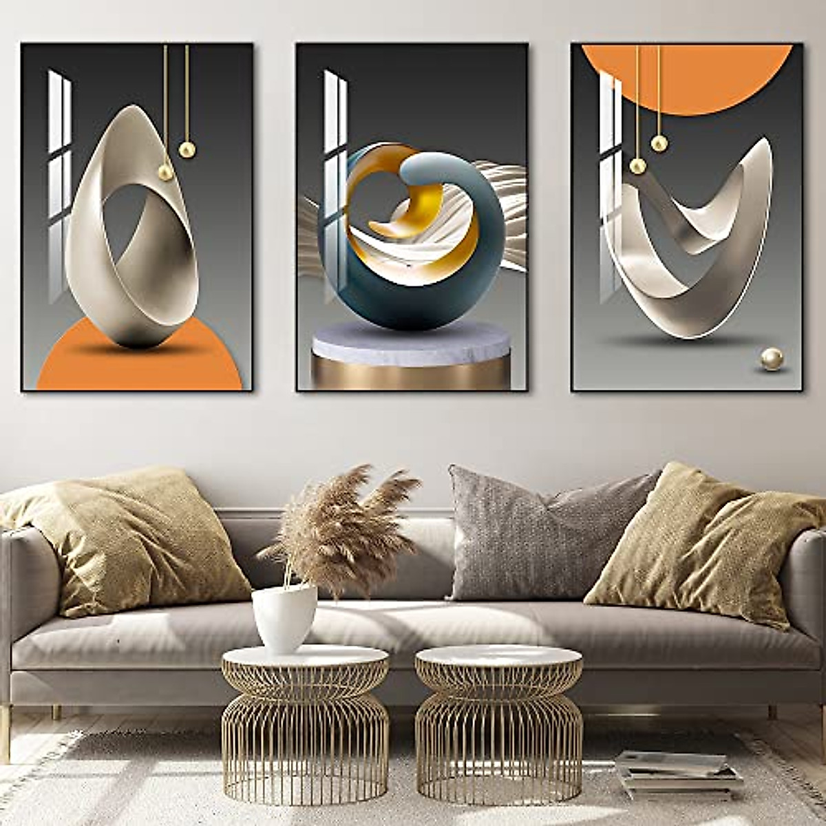 MPLONG Wall Art, Bright Style Framed Wall Art, Abstract Modern Art Shape Pattern White Blue Yellow Grey Wall Art Artfully Matching Living Room Bedroom Office Wall Decor - 24"x 32"x 3 Panels