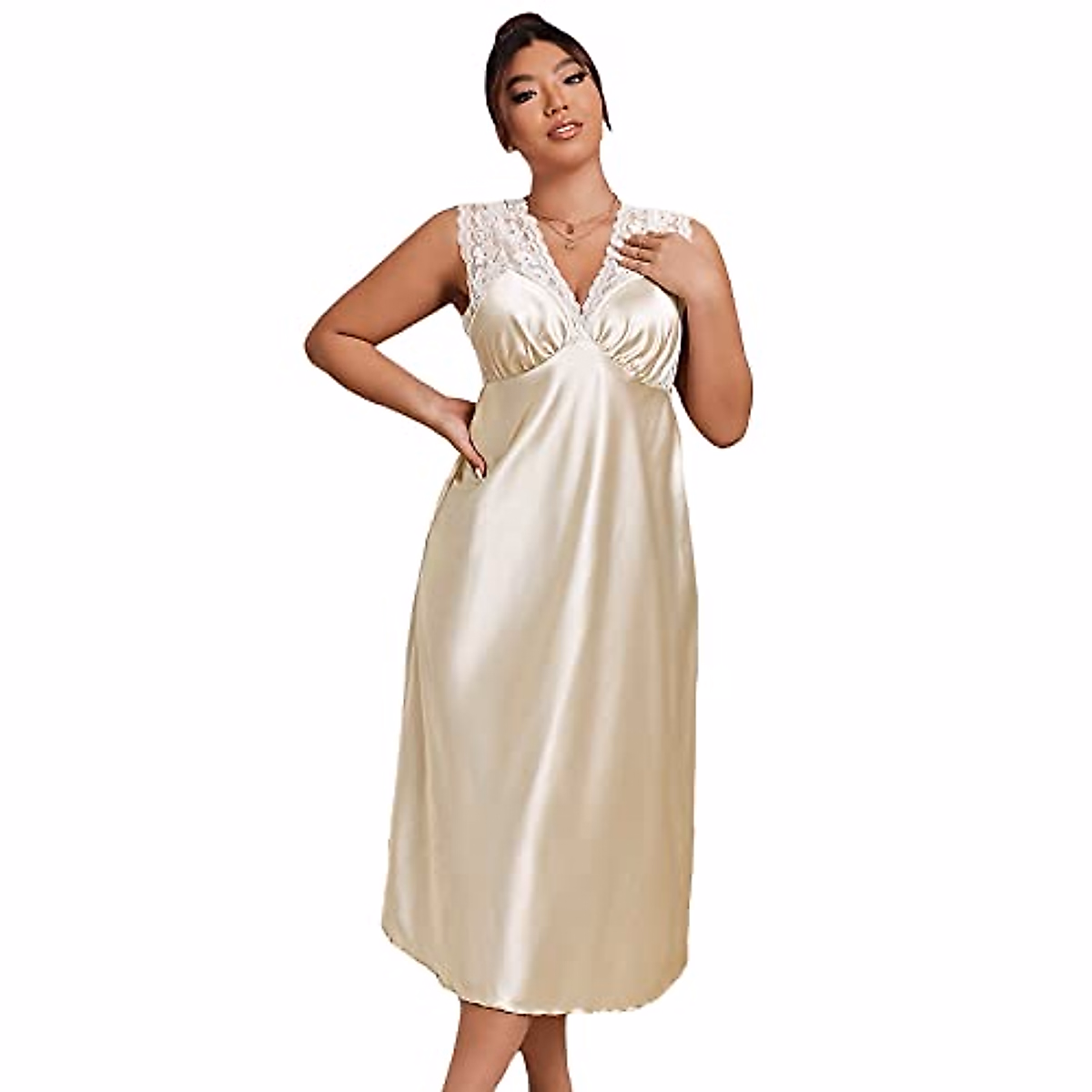 WDIRARA Women's Plus Size Sleepwear Lace Trim V Neck Satin Nightdress Sleeveless Nightgowns Champagne 4XL