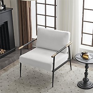 Tiophome Modern Chic Accent Metal Frame, Upholstered Chenille Living Room Chairs with Removable Seat & Back Cushion, Comfy Leisure Lounge Reading Side Armchair for Bedroom, White, Extra Large