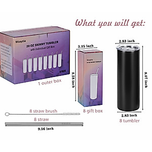 Wzaytia 20 Oz Stainless Steel Straight Skinny Tumbler Set (8 Pack), Insulated Slim Thin Travel Cup with Lid, Black