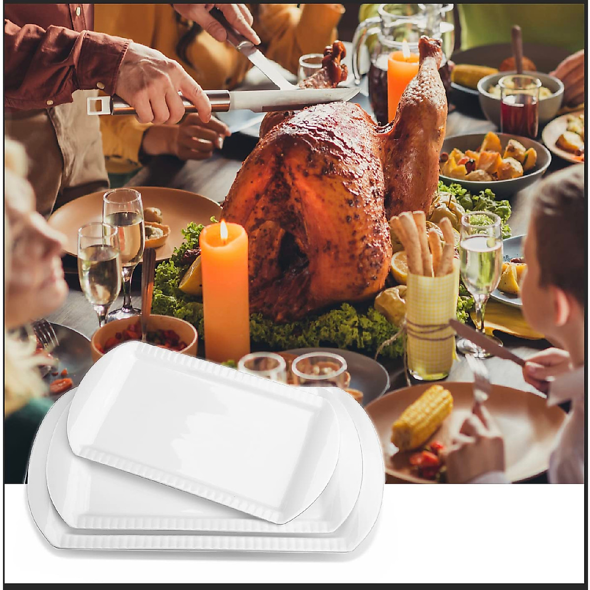 LIFVER Cutlery Set, 16"/14"/12" Turkey Platter 10" Rectangle Serving Plate 3 Oz Ceramic Dip Bowls Set- Porcelain Serving Dishes Dinner Plates for Thanksgiving Christmas Party Entertaining