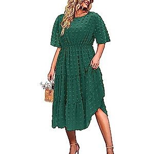 IN'VOLAND Womens Chiffon Elegant Plus Size Dresses Swiss Dot Babydoll Short Sleeve Party Midi Dress Dark Green