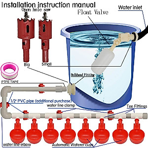 Complete Set Pipeline Automatic Chicken Nipple Waterer Cups and 1/2" PVC Tee Fittings Pipe Feeder Poultry Waterer Chicken Waterer Chicken Water Cup Chicken Waters Chicken Watering System