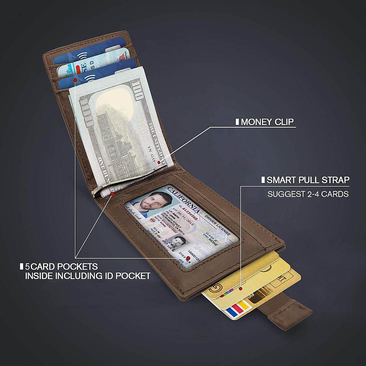 Bryker Hyde RFID Blocking Slim Minimalist ID Inside Front Pocket Wallet, Money Clip, 9 Slots, Leather (Texas Brown w/Pull Out Tab)