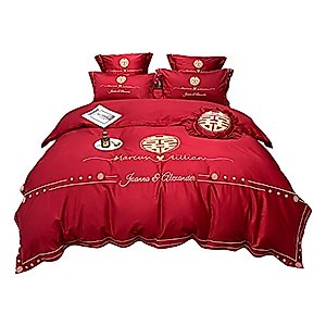 OQHAIR 60 Long-Staple Cotton Double Happiness Embroidered Four-Piece Set Red Cotton Duvet Cover Bed Cover Wedding Simple Bedding (Color : B 5-Piece Suit, Size : 1.5m) (A 6 Piece Suit)