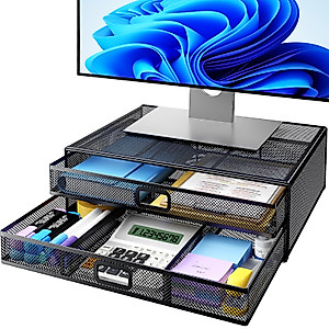 Monitor Stand with Drawer, Monitor Stand, Monitor Riser Mesh Metal, Desk Organizer, Monitor Stand with Storage, Desktop Computer Stand for PC, Laptop, Printer - HUANUO