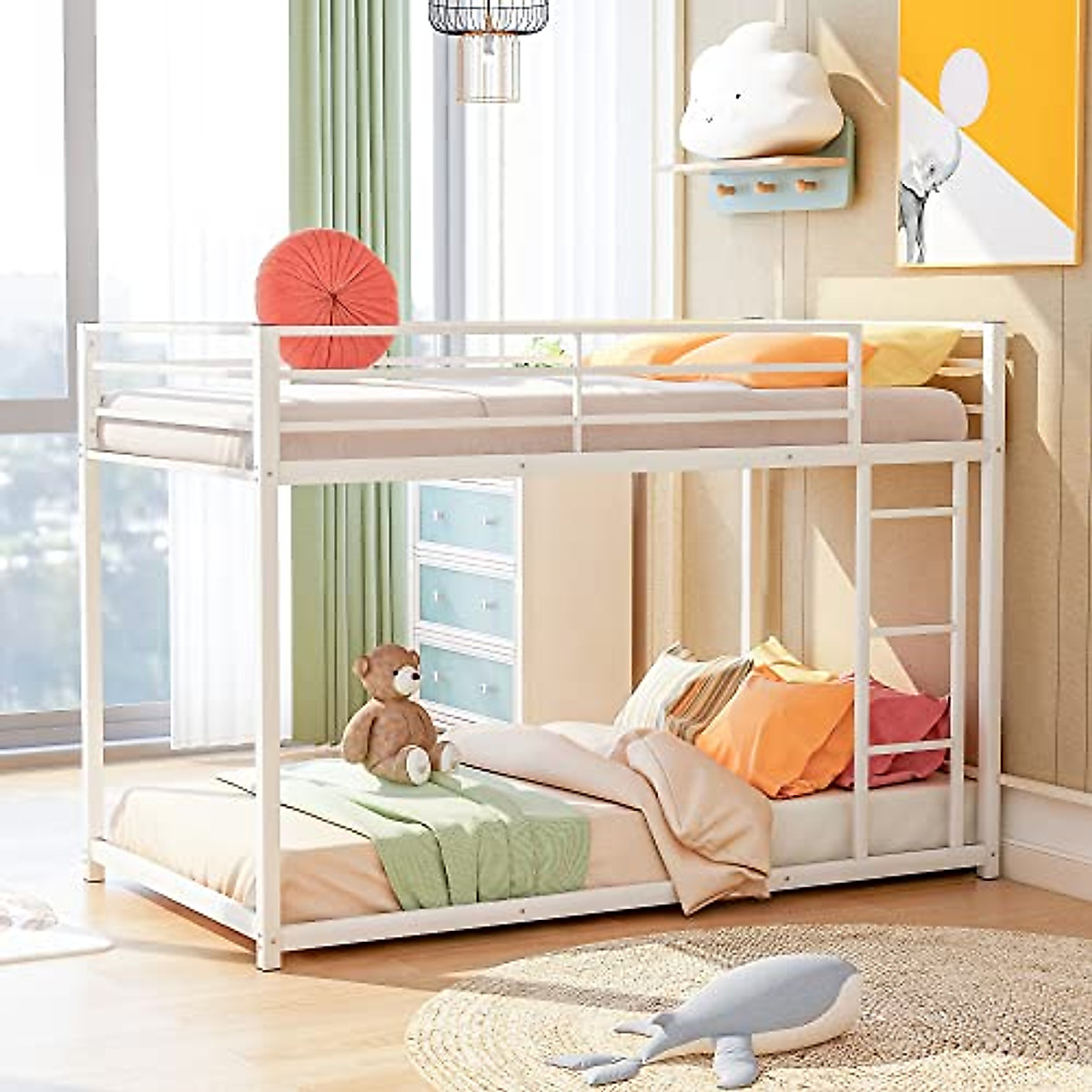 LostCat Bunk Bed Twin Over Twin, Low Bunk Beds with Safety Guardrail and Ladder, Metal Floor Bunk Bed with Slat Support, No Box Spring Needed, Easy Assembly, White