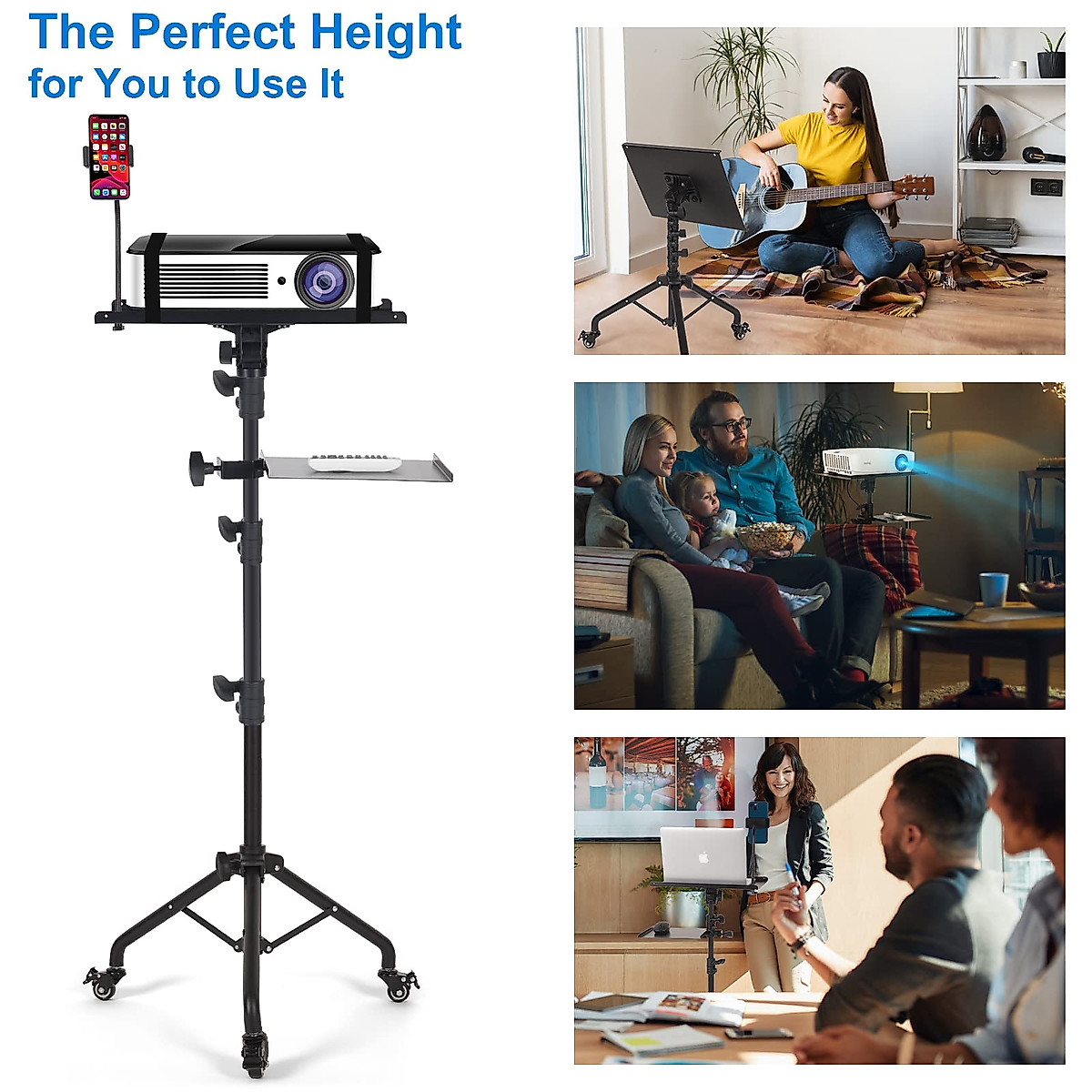 Tossbiss Laptop Tripod on Wheels with 2 Shelves, Portable Projector Floor Stand Adjustable Height 25.9 to 51.8 Inch with Phone Holder