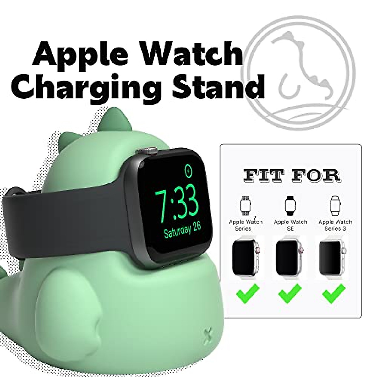 ELETIUO Charger Stand Compatible with Apple Watch Series Ultra/8/SE2/7/6/SE/5/4/3/2/1 (49mm,45mm,44mm,42mm,41mm,40mm, 38mm),Dinosaur iWatch Charging Dock,Supports Nightstand Mode,Mint Green