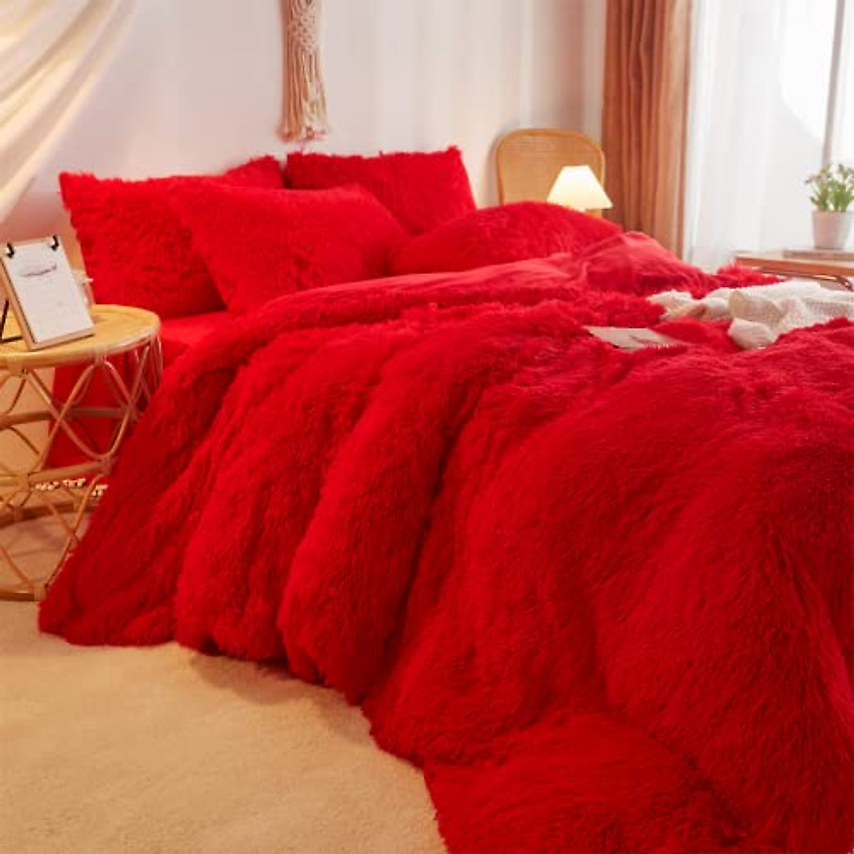 HAIHUA Fluffy red Comforter Cover Set Queen，Faux Fur red Bedding 3 Pieces(1 Plush Queen Duvet Cover +2 Faux Fur Pillowcases) Faux Fur red Bed Set (red, Queen)