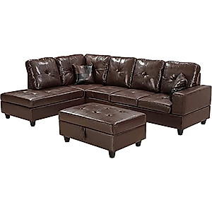 ERYE L-Shaped Corner 5 Seaters Chaise & Storage Ottoman,Modern Faux Leather Sectional & Sofa Couch with 2 Pillows for Home Office Apartment Living Room Furniture Sets, Brown PU Right