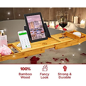 Morvat Premium Bamboo Wood Expandable Bathtub Tray & Caddy for Bathroom, Includes Book Holder, Shelf for Laptop Tablet & Phone, Wineglass Slot & More, Great Gift & Accessories for Home Spa Tub & Bath