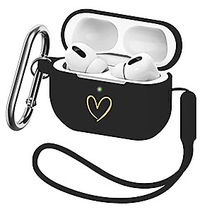 AIIEKZ Compatible with AirPods Pro 2 Case Cover 2022, Soft Silicone Case with Gold Heart Pattern for AirPods Pro 2nd Generation Case with Keychain/Lanyard (Black)