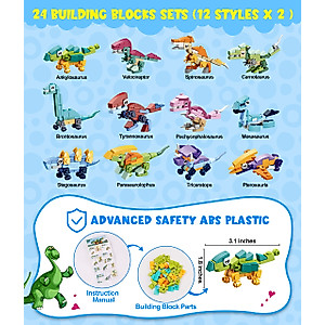 Colplay 24 Packs Valentines Day Gifts for Kids Classroom-Dinosaur Building Blocks with Valentines Day Cards for Kids School & Stickers, Exchange Valentines Party Favors Boxes for Kids Boys Girls