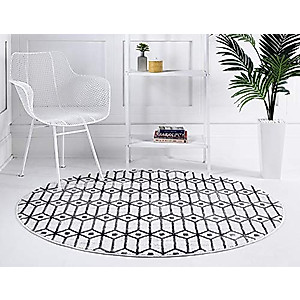 Rugs.com Lattice Trellis Collection Rug – 8 Ft Round White Low-Pile Rug Perfect for Kitchens, Dining Rooms
